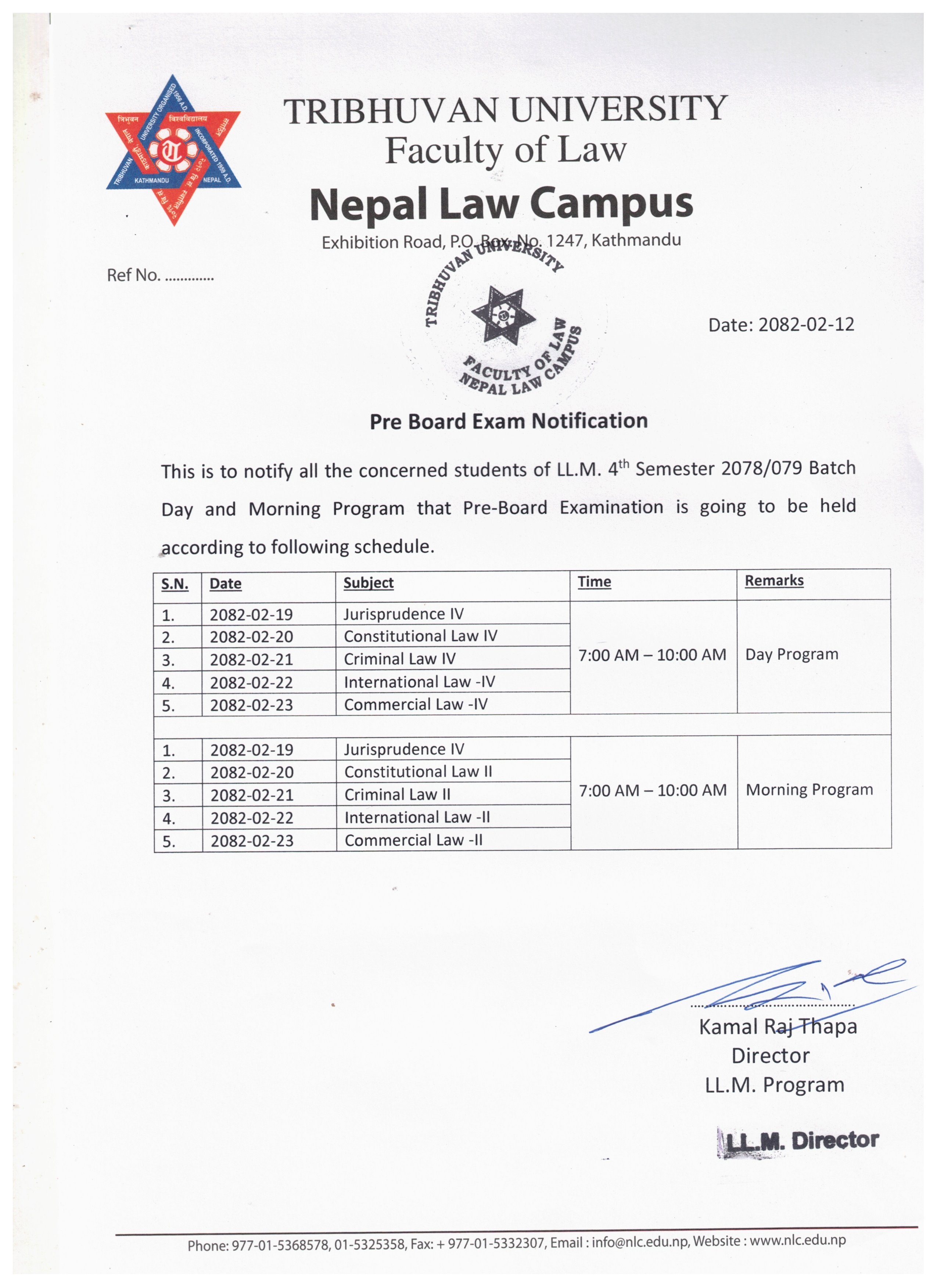 LL.M. 4th Semester 2078/79 Batch Day and Morning Program Pre-Board Exam Routine